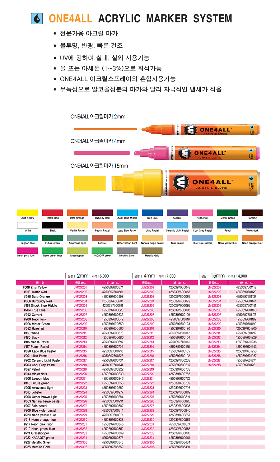 ONE4ALL 2mm 아크릴마카 [제품선택] 020 Lago Blue Pastel / 디바이스마트